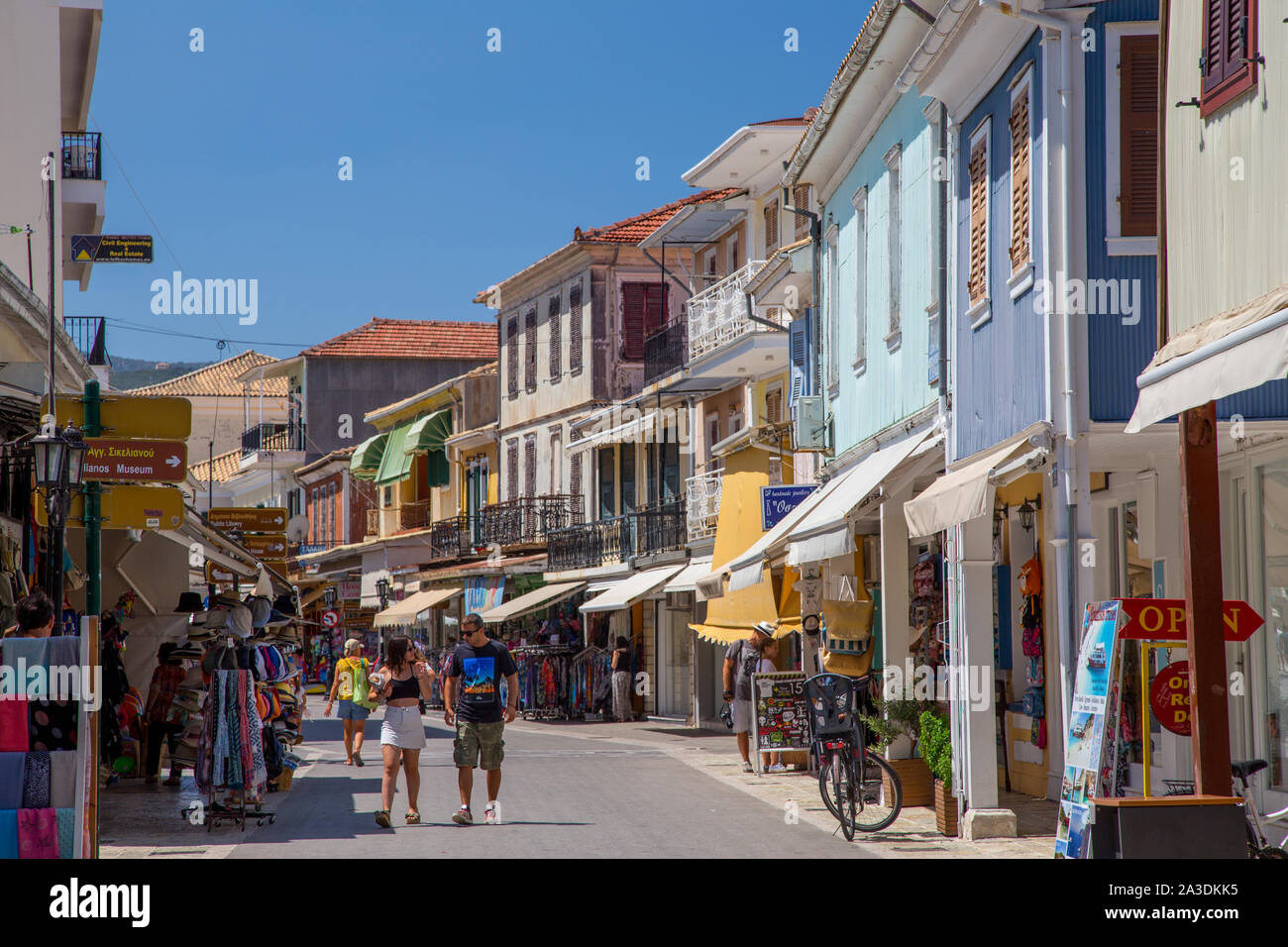 Shopping street in Lefkada Town on Lefkada / Lefkas Island, Greece ...