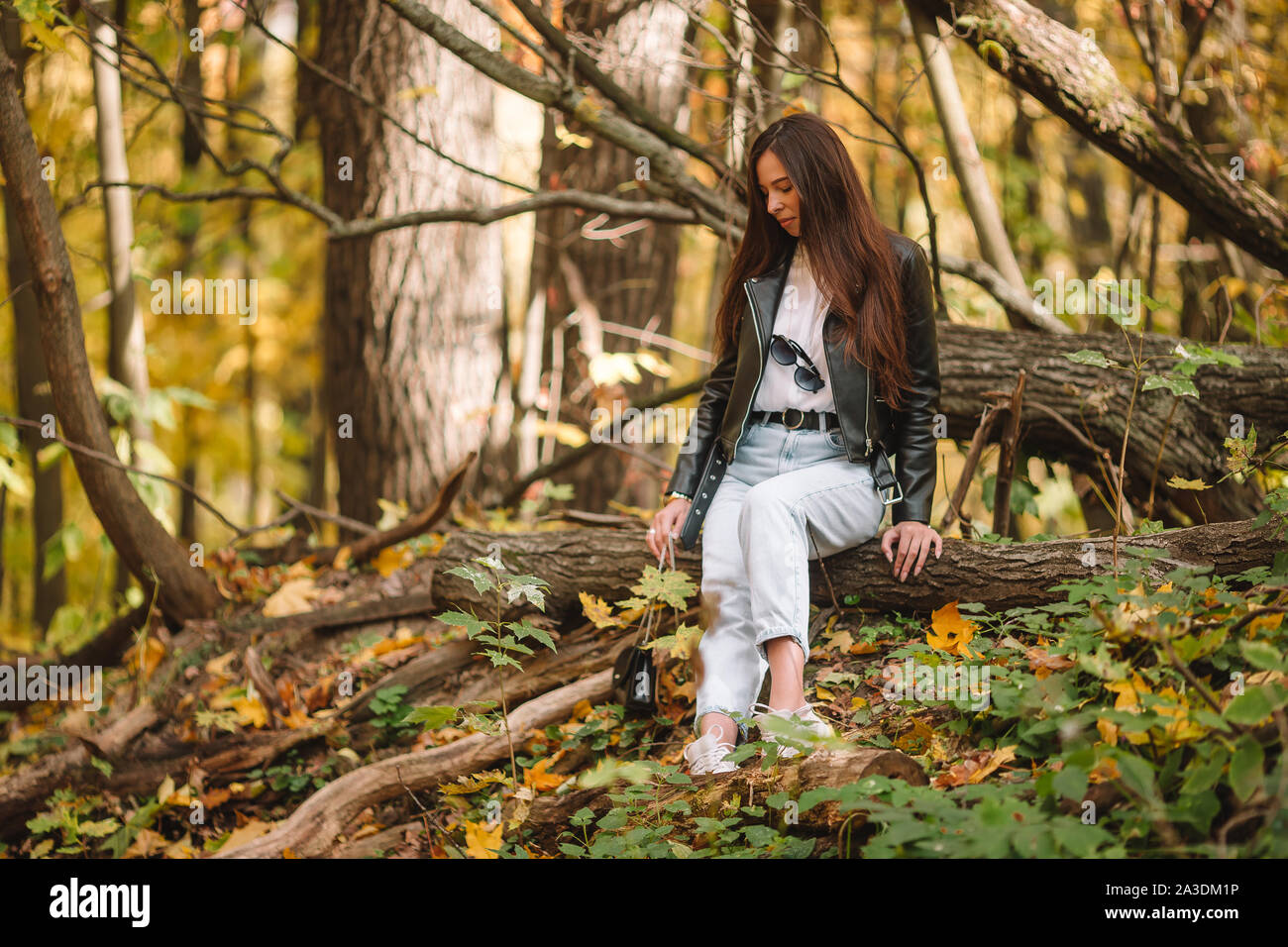 Beautiful woman in autumn park under fall foliage Stock Photo - Alamy