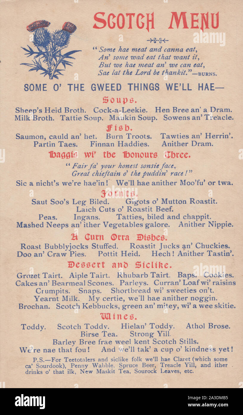 Vintage Early 20th Century Scottish Postcard Showing a Scotch Menu ...