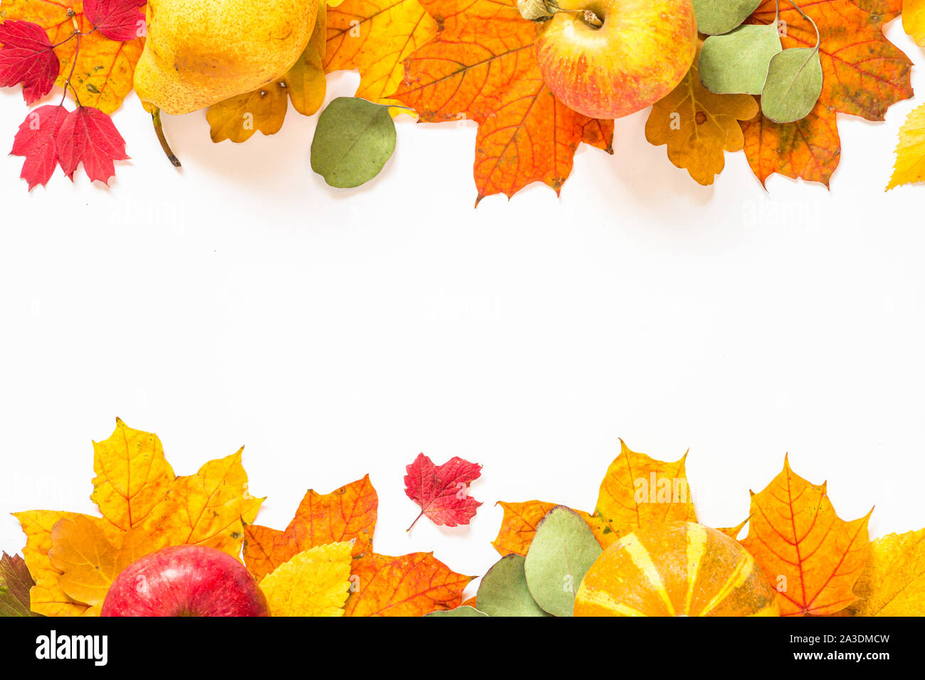 Autumn flat lay background with leaves and harvest on white Stock Photo ...