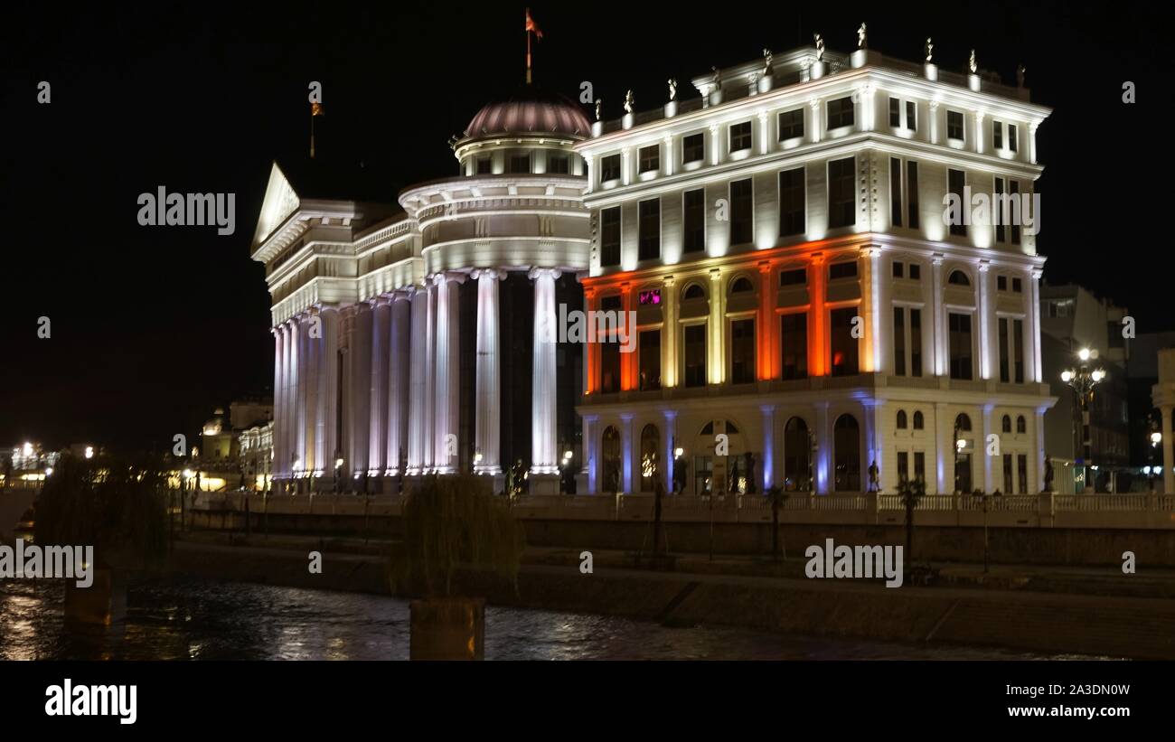colorful Buildings of Macedonian Capitol Skopje at night time Stock ...