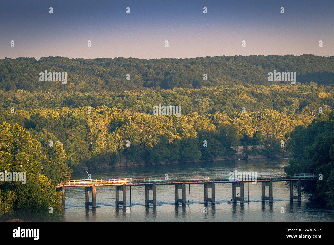 An above view of a bridge that crosses the Grand Lake located in ...