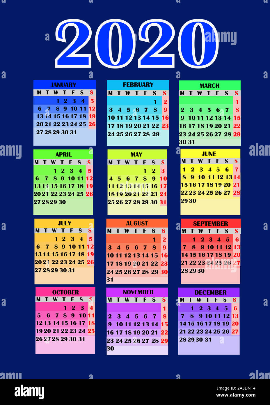 Year 2020 calendar. Colorful design for calendar 2020. Calendar for ...