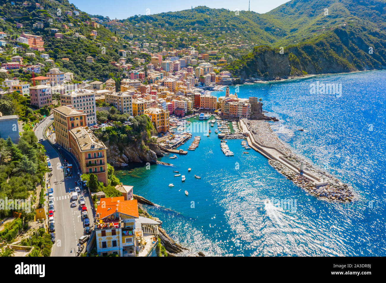 Aerial view of Camogli. Panorama of Castle della Dragonara and Basilica ...