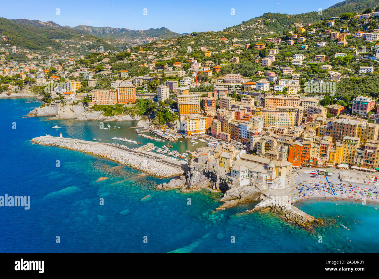 Aerial view of Camogli. Panorama of Castle della Dragonara and Basilica ...
