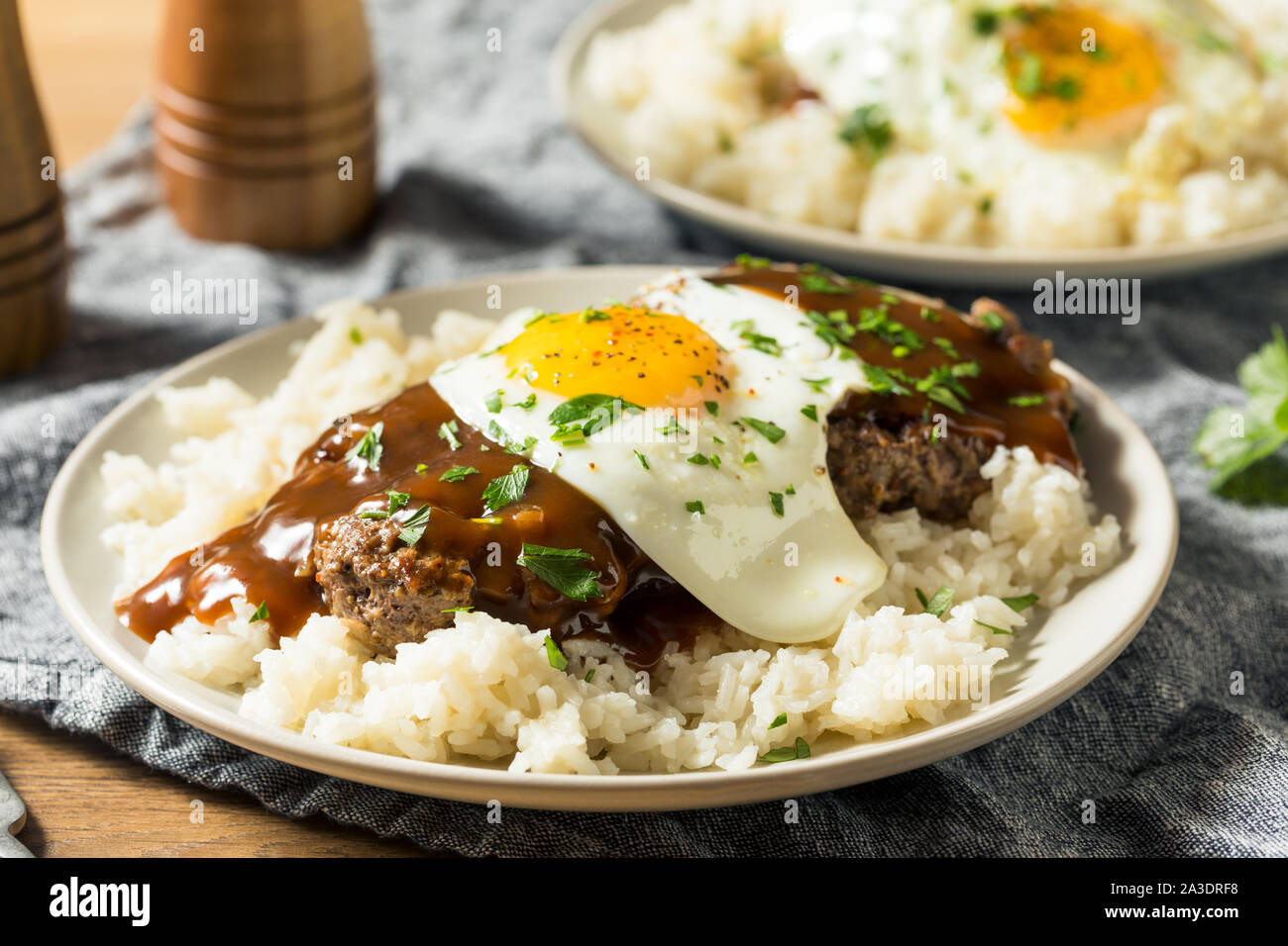Homemade Hawaiian Loco Moco with Hamburger and Rice Stock Photo - Alamy