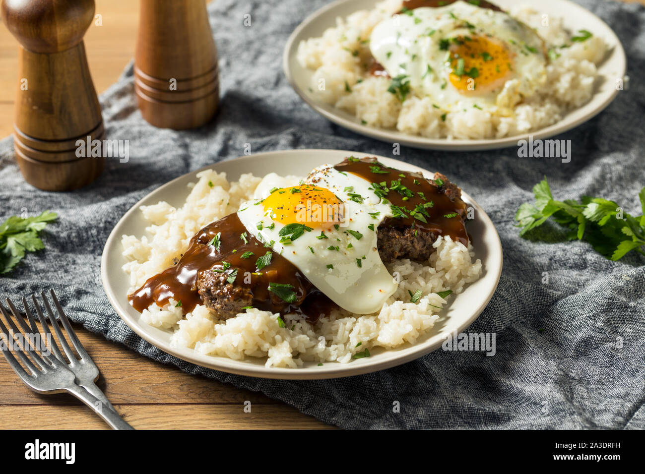 Homemade Hawaiian Loco Moco with Hamburger and Rice Stock Photo - Alamy
