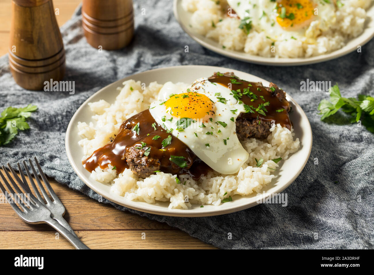 Homemade Hawaiian Loco Moco with Hamburger and Rice Stock Photo - Alamy