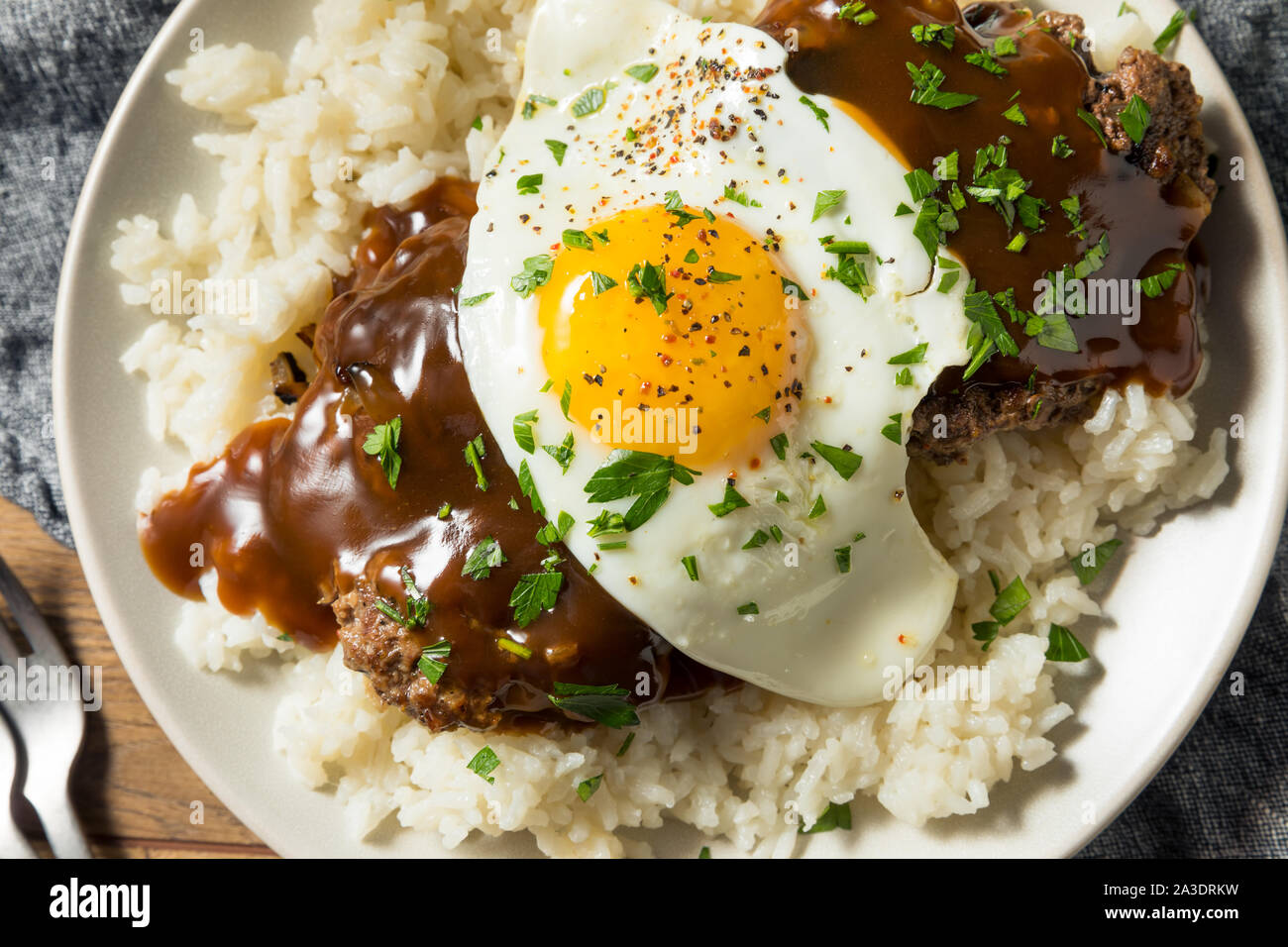 Homemade Hawaiian Loco Moco with Hamburger and Rice Stock Photo - Alamy