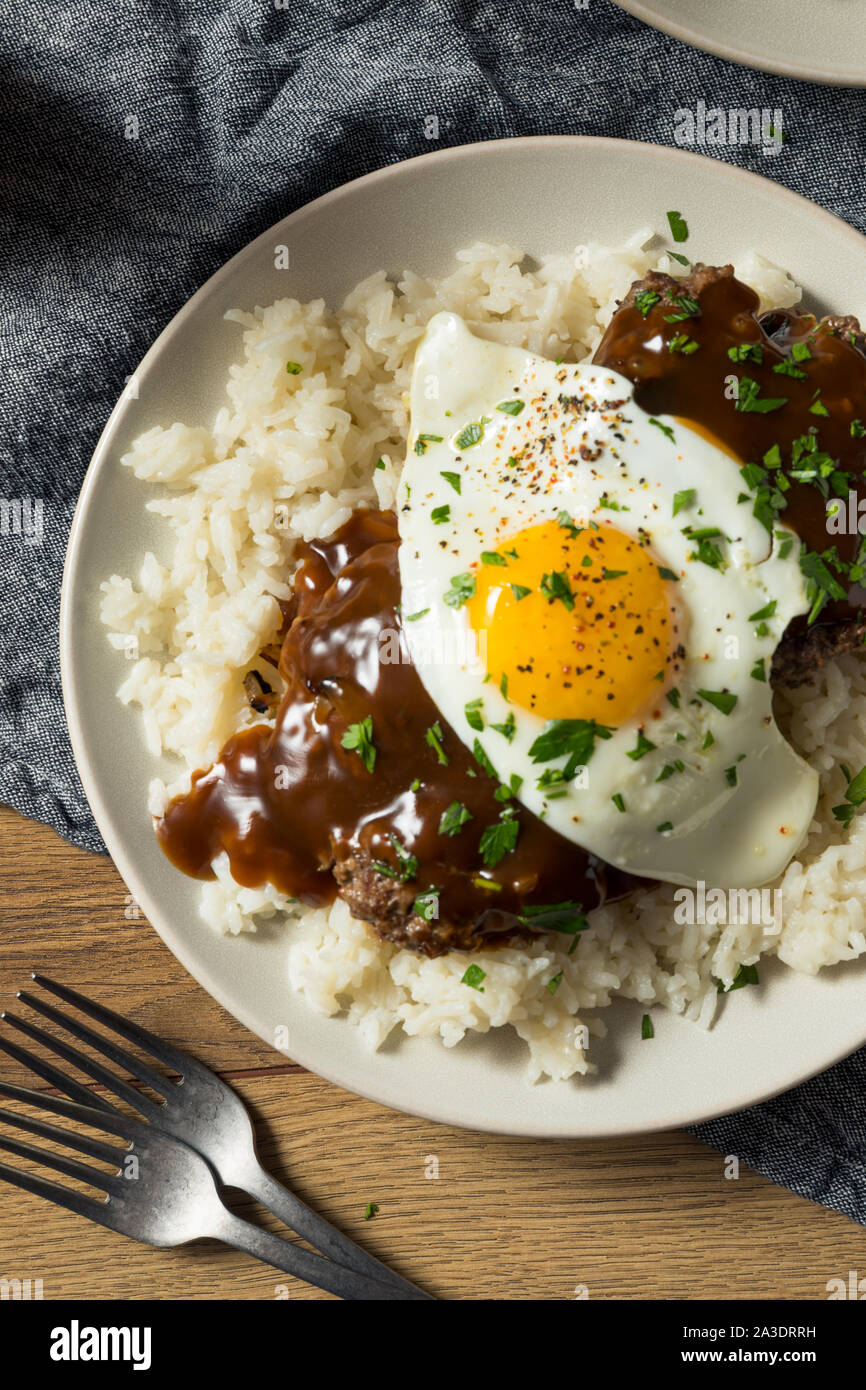 Homemade Hawaiian Loco Moco with Hamburger and Rice Stock Photo - Alamy