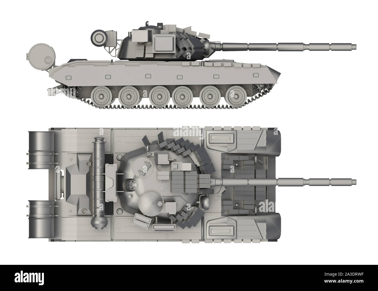military tank side and top view isolated on white. 3d rendering Stock ...