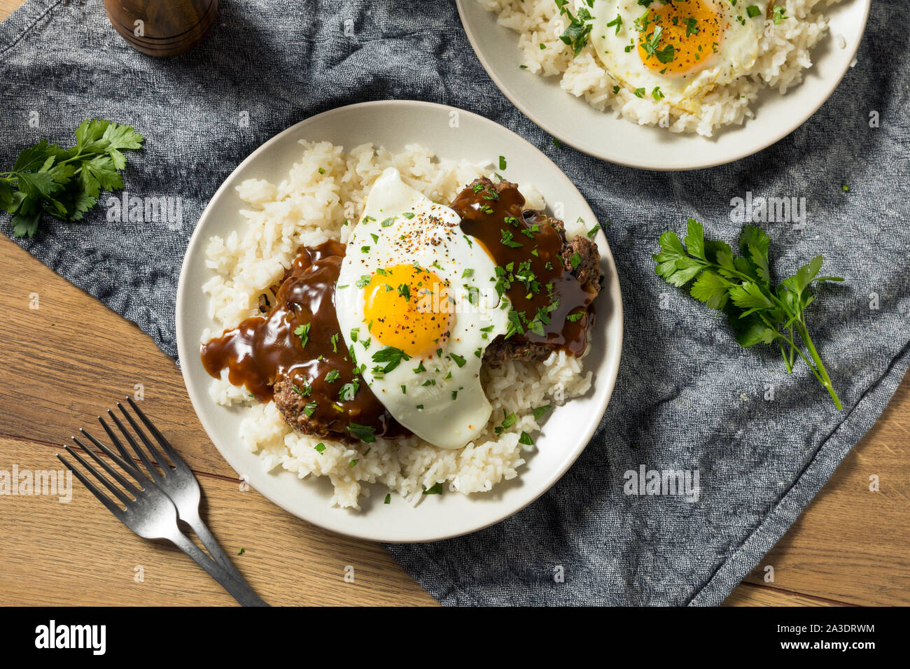 Homemade Hawaiian Loco Moco with Hamburger and Rice Stock Photo - Alamy