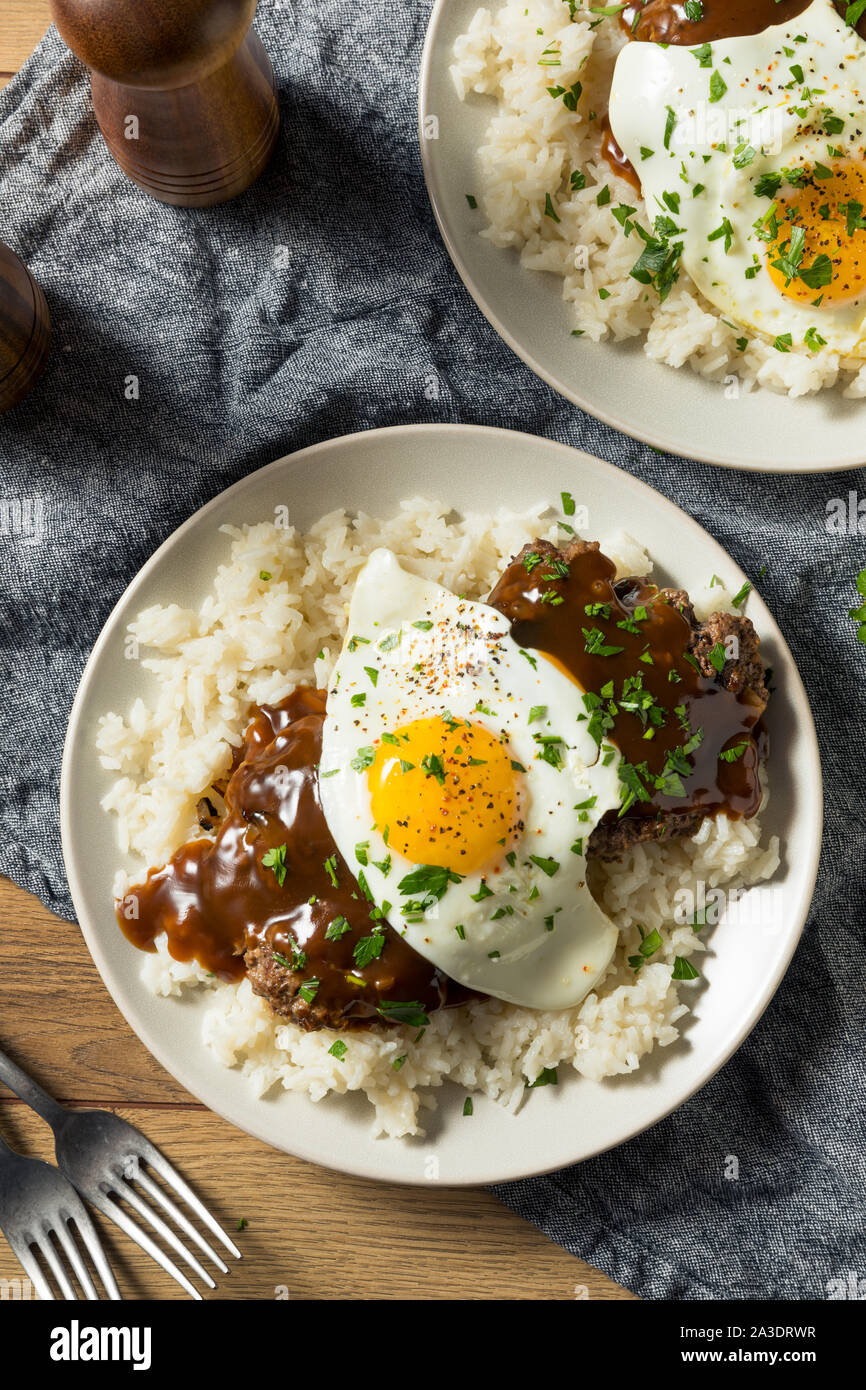 Homemade Hawaiian Loco Moco with Hamburger and Rice Stock Photo - Alamy