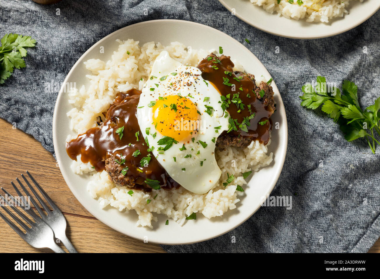 Homemade Hawaiian Loco Moco with Hamburger and Rice Stock Photo - Alamy