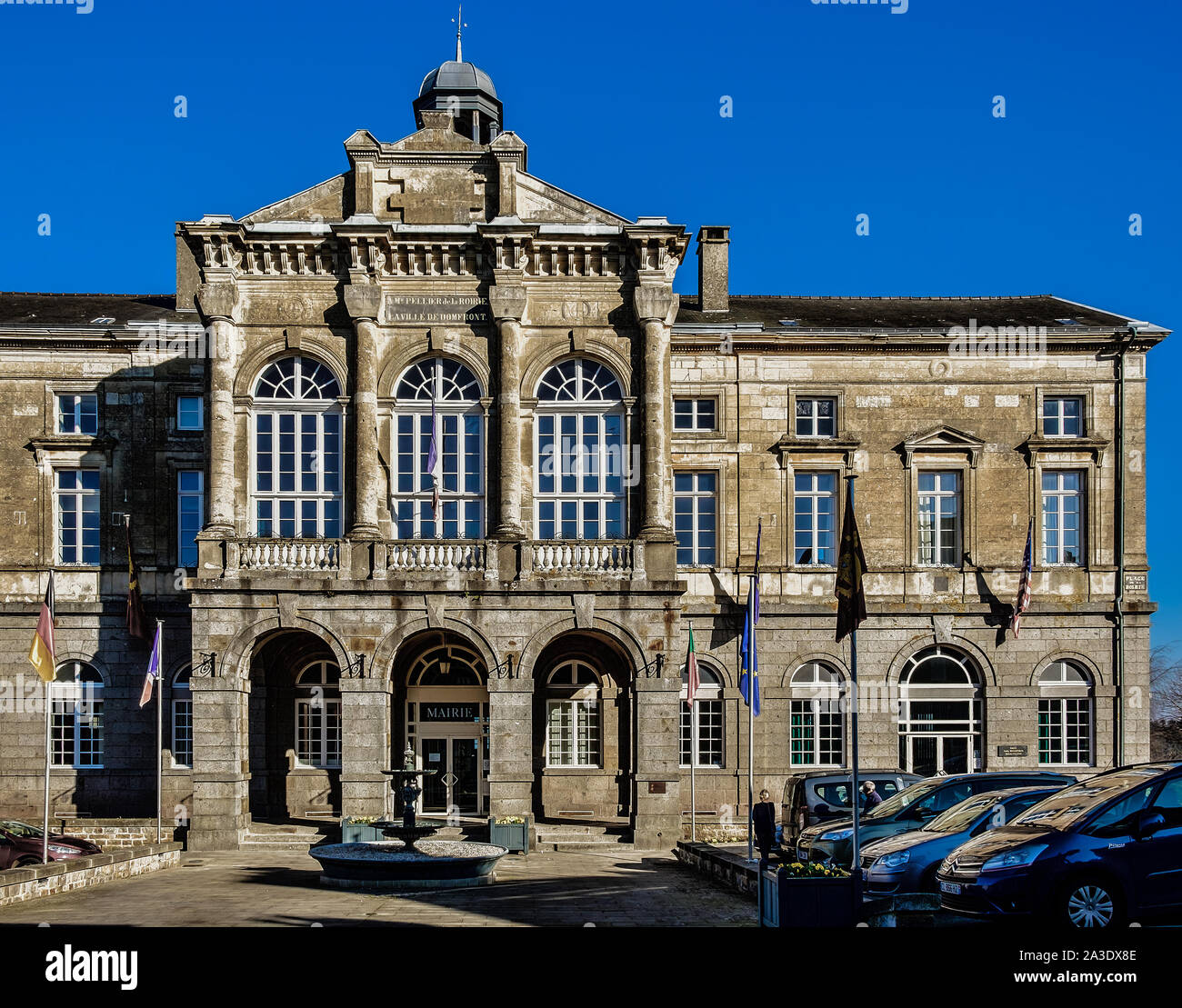 Domfront, France, Feb 2019, building facade of a city hall of a ...
