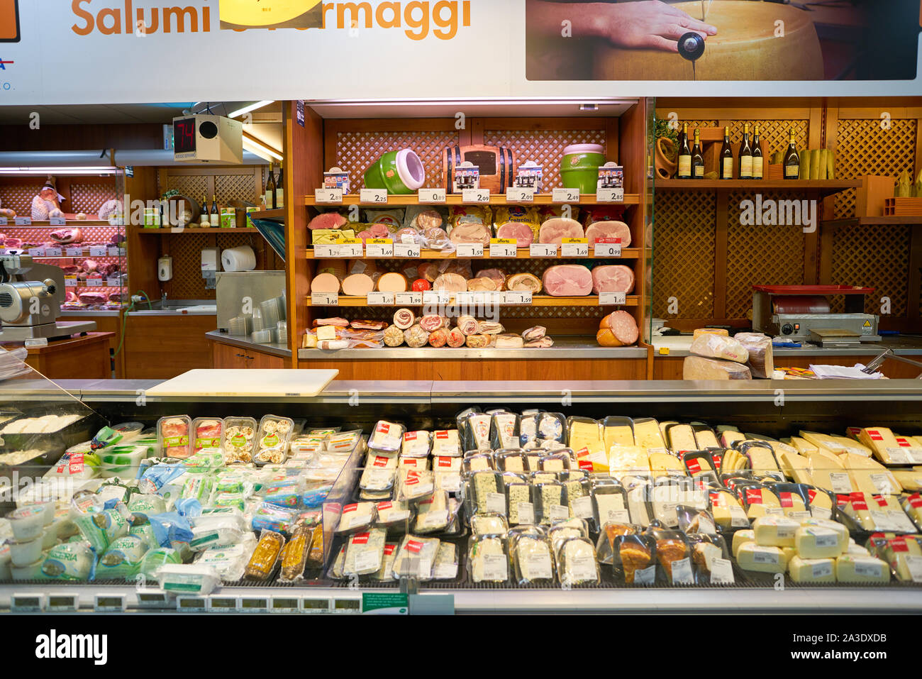 VENICE, ITALY - CIRCA MAY, 2019: cutted cheese on display at a ...