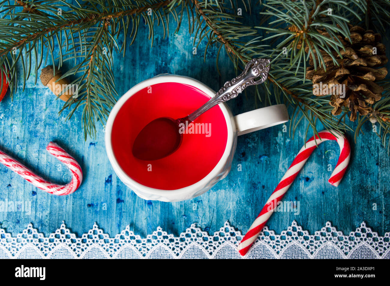 Cup of tea with fir tree and festive decorations Stock Photo - Alamy