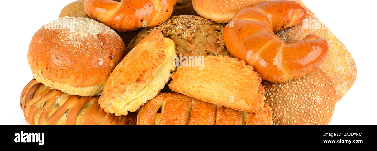 Bread and bakery products isolated on white background . Wide photo ...