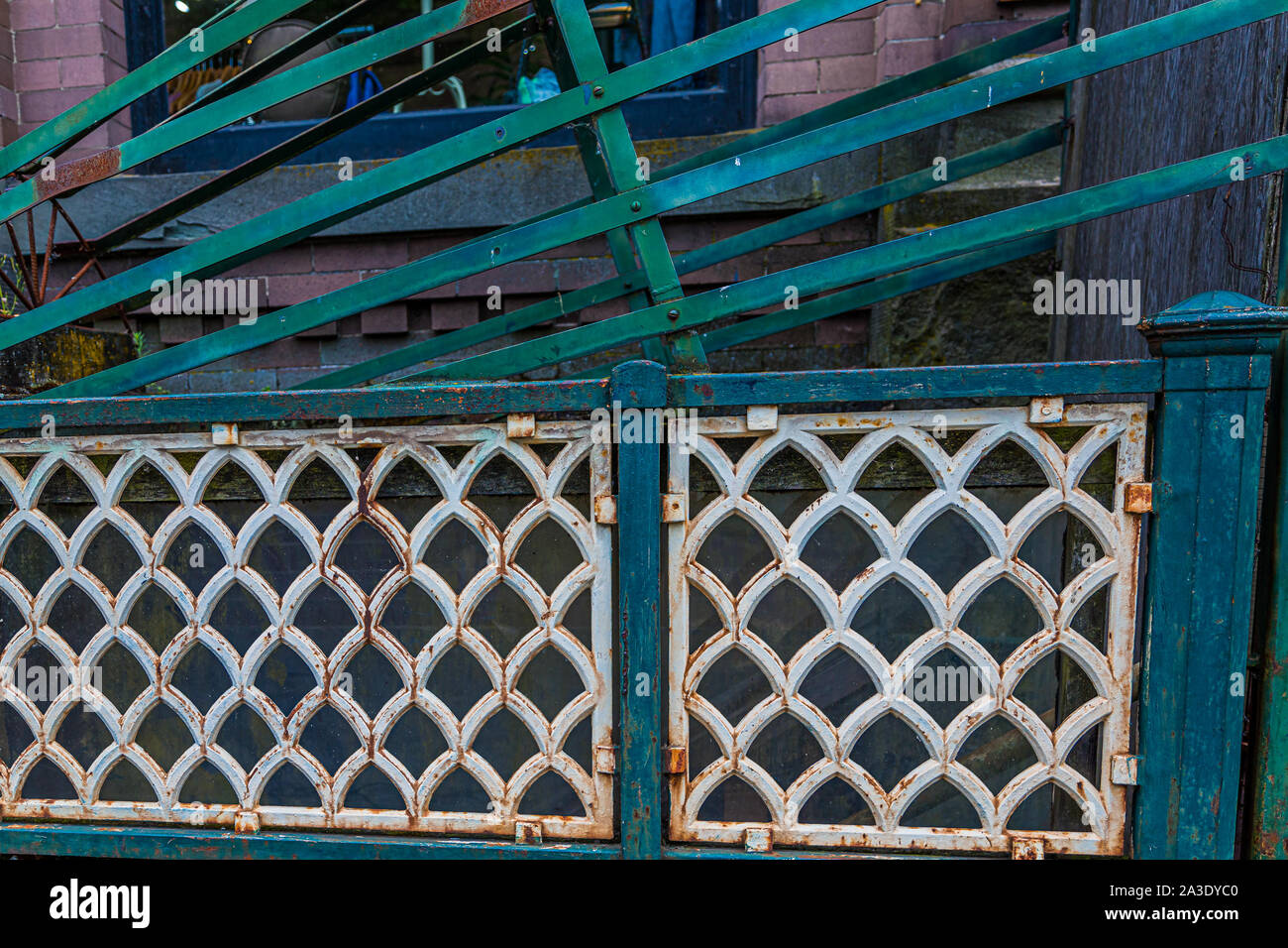 Old Rusty Metal Lattice Work on Building Stock Photo - Alamy