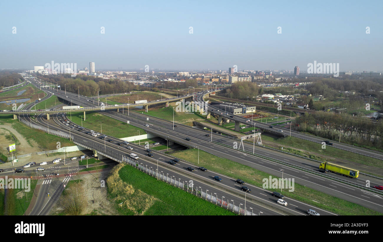 Aerial view of a massive highway intersection in Rotterdam, The ...