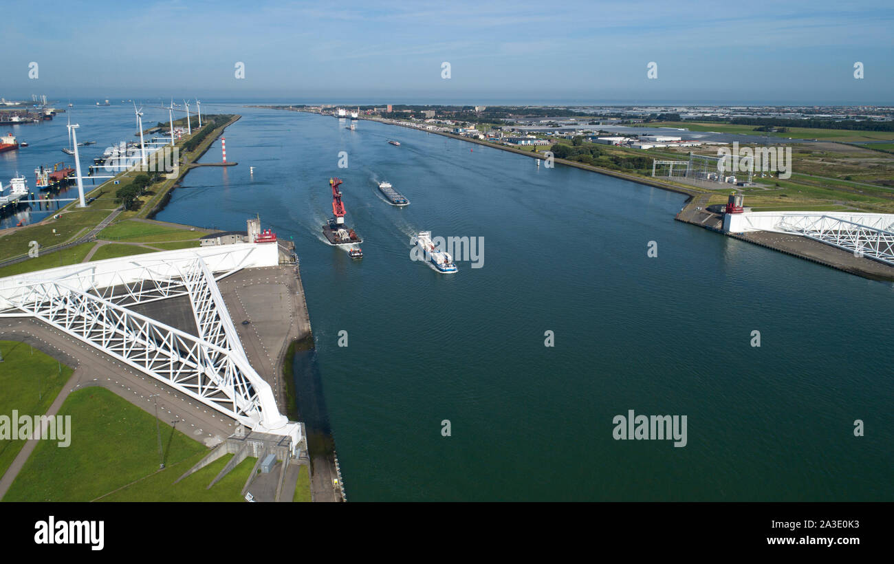 Aerial picture of Maeslantkering storm surge barrier on the Nieuwe ...