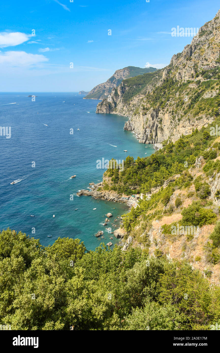 The sea, cliffs and rocks on Italy's Amalfi coast. The Amalfi Drive is ...