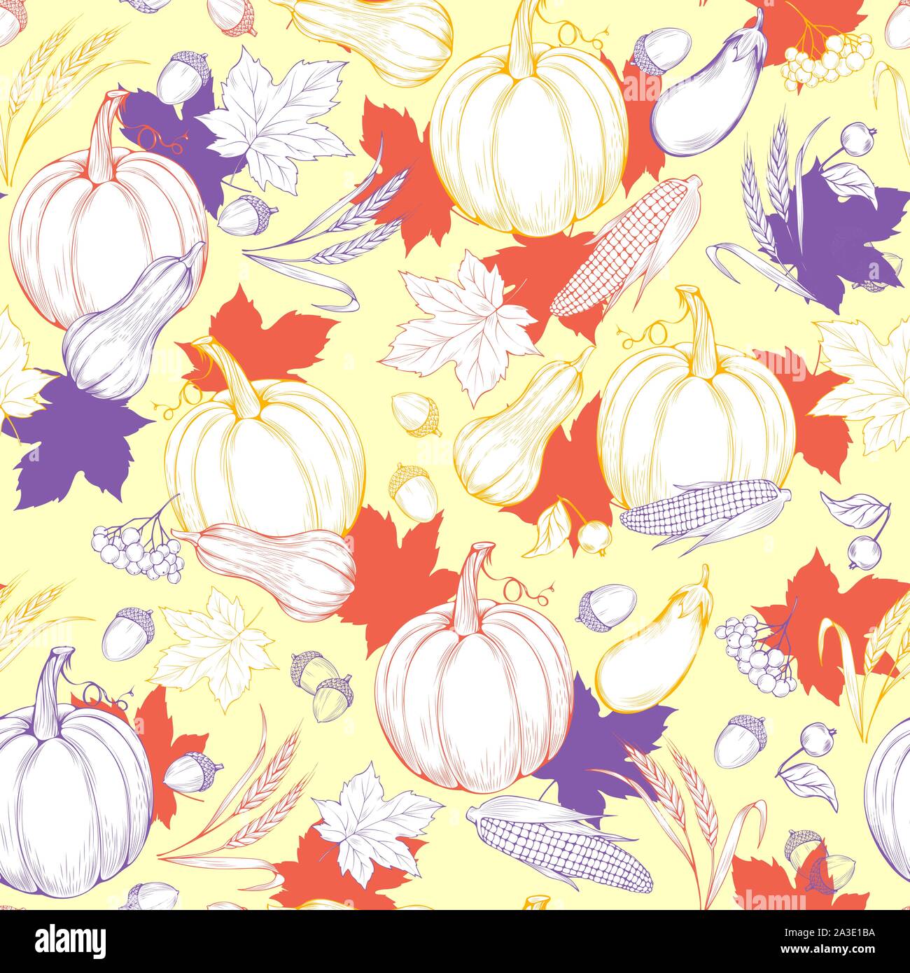 Thanksgiving pattern in sketch style with pumpkins, autumn maple leaves and apples. Seamless ...