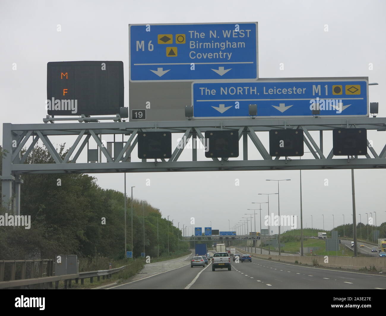 Overhead gantry signs travelling north on the M1 indicating the ...