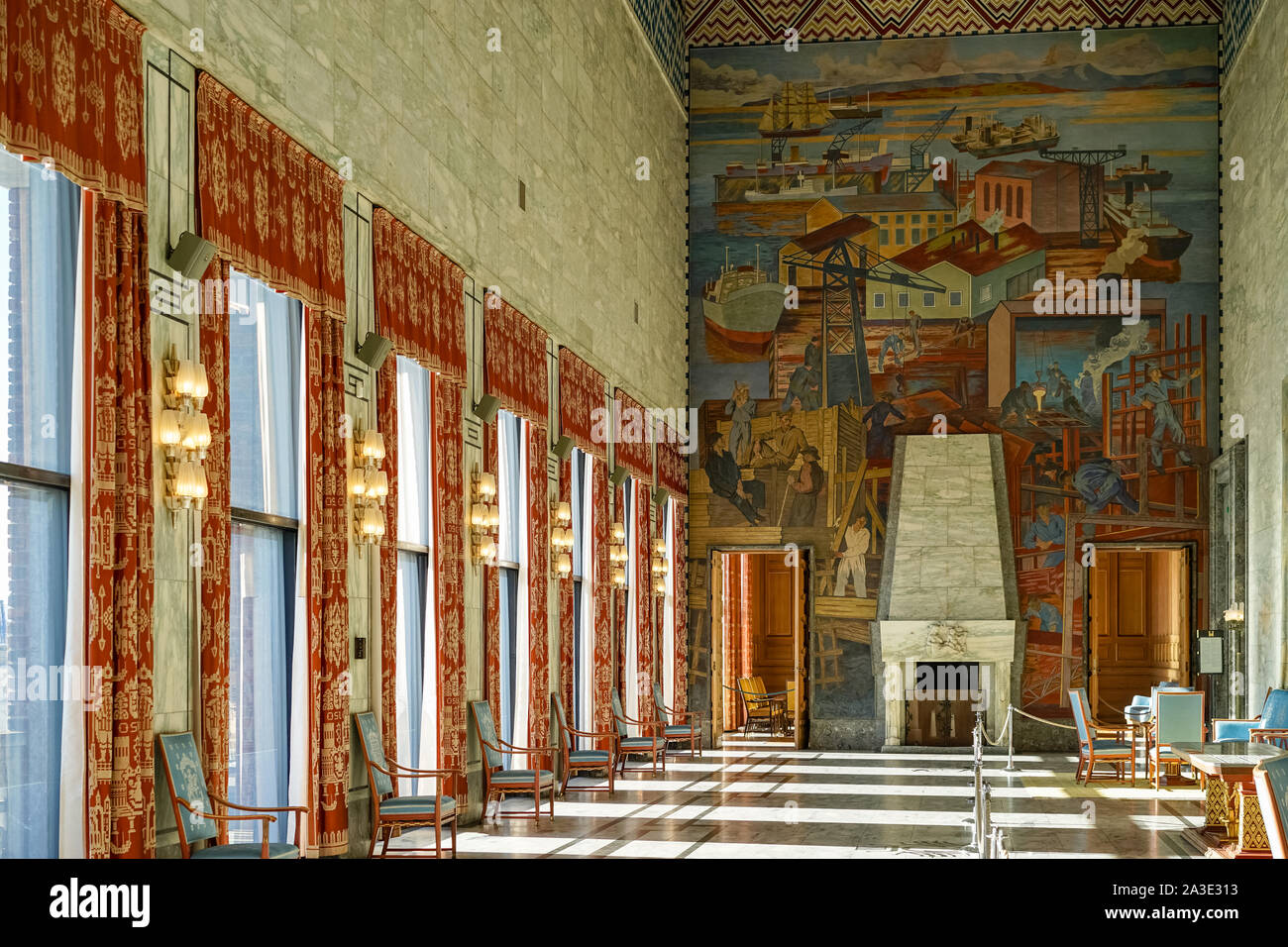 Interior of Festival Gallery in Oslo City Hall with fresco "Shipping ...