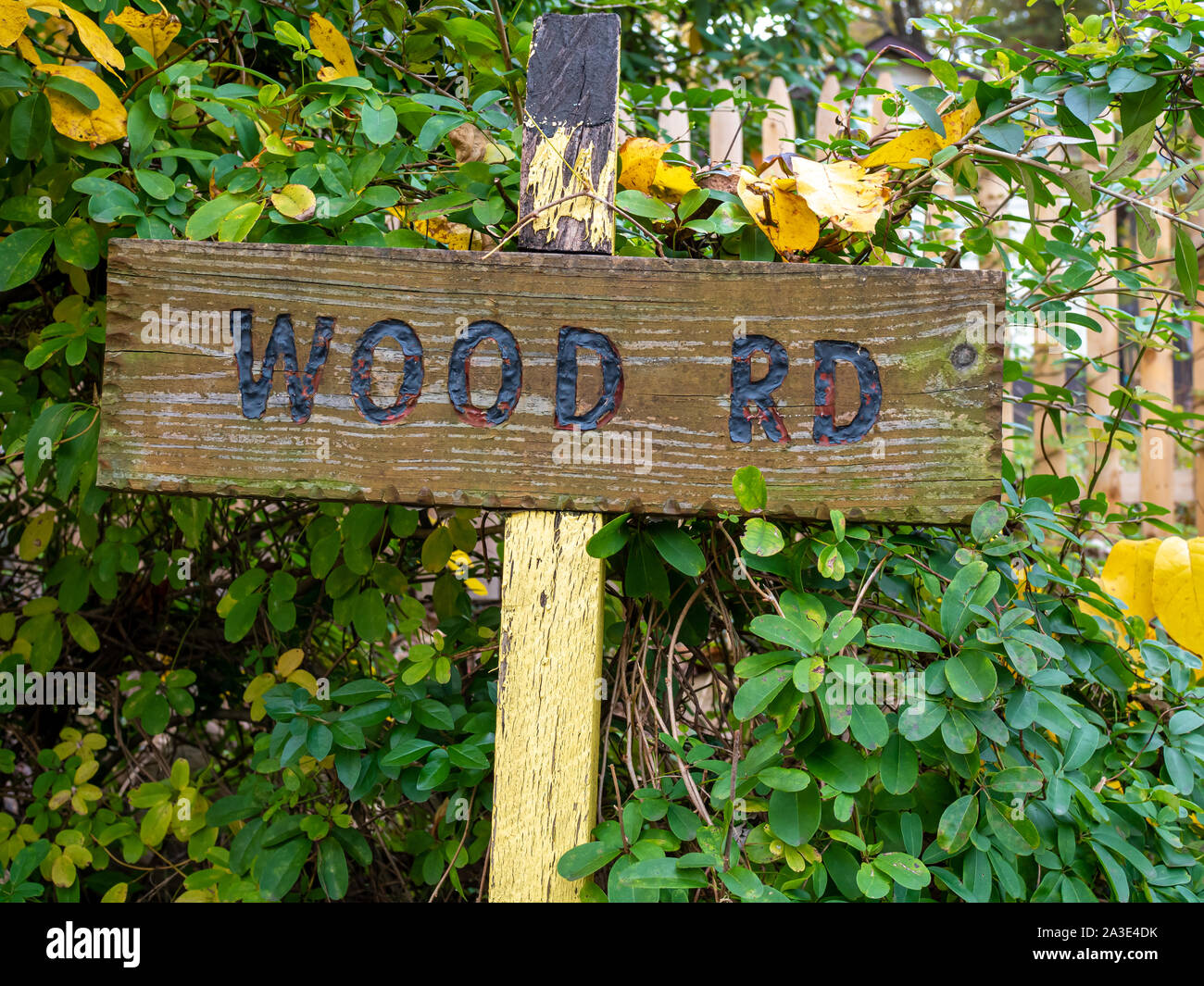 battered wooden sign saying "Wood Road Stock Photo - Alamy