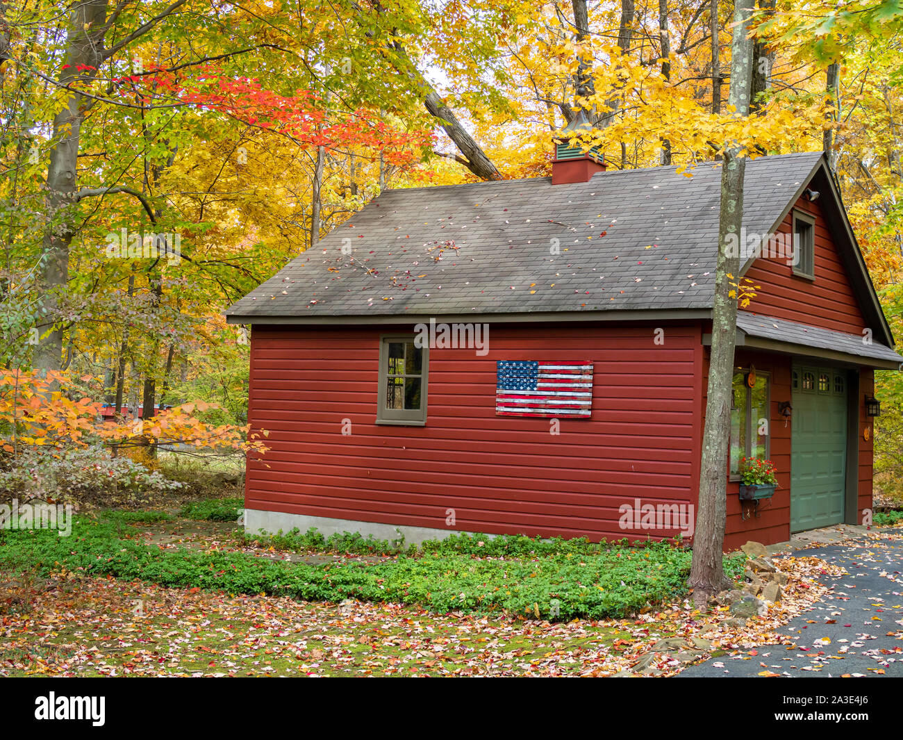 red garage shed in the forest in the fall in North America (USA Stock ...