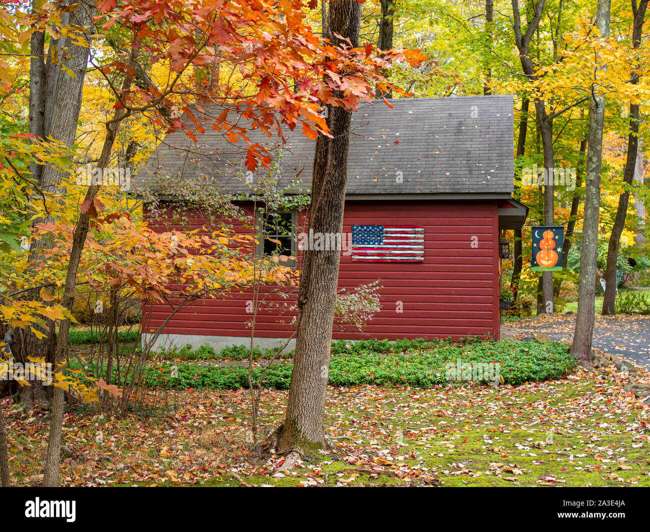 red garage shed in the forest in the fall in North America (USA Stock ...