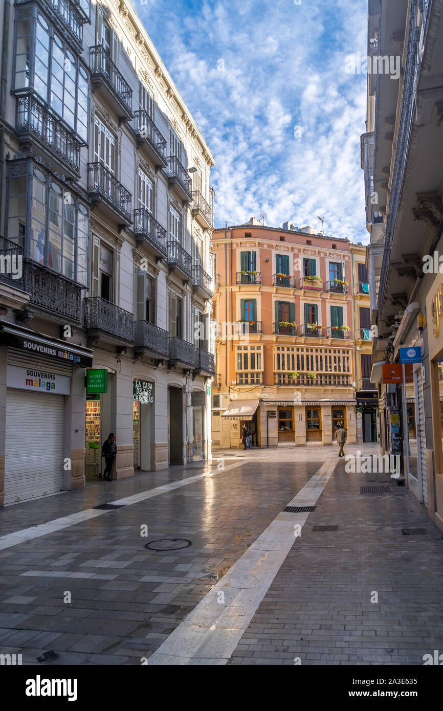 Sunday morning view of Malaga historic city center with narrow streets ...