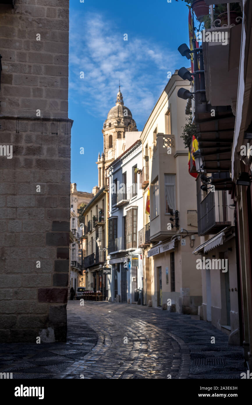 Sunday morning view of Malaga historic city center with narrow streets ...