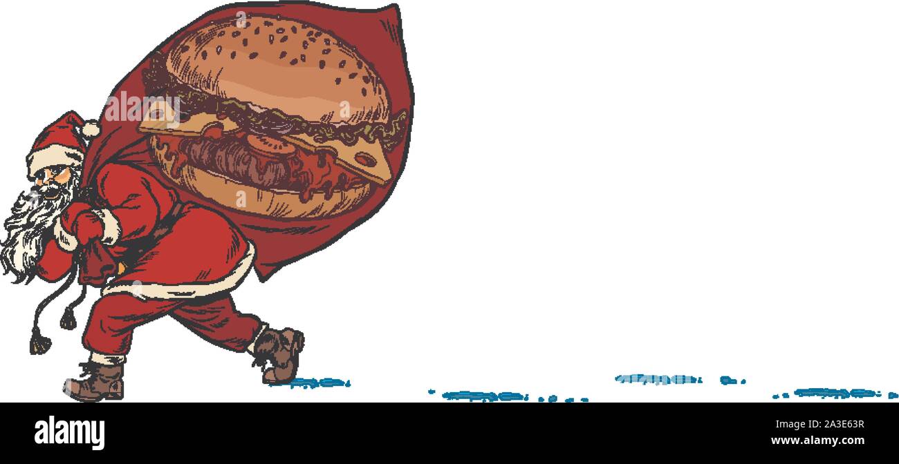 Santa with a Burger fast food. Christmas and New year. Pop art retro ...