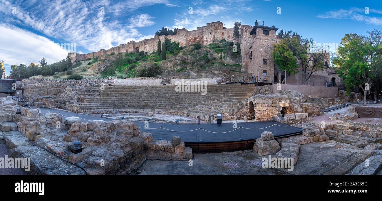 Aerial view of the Alcazaba in Malaga and the Castillo de Gibralfaro ...