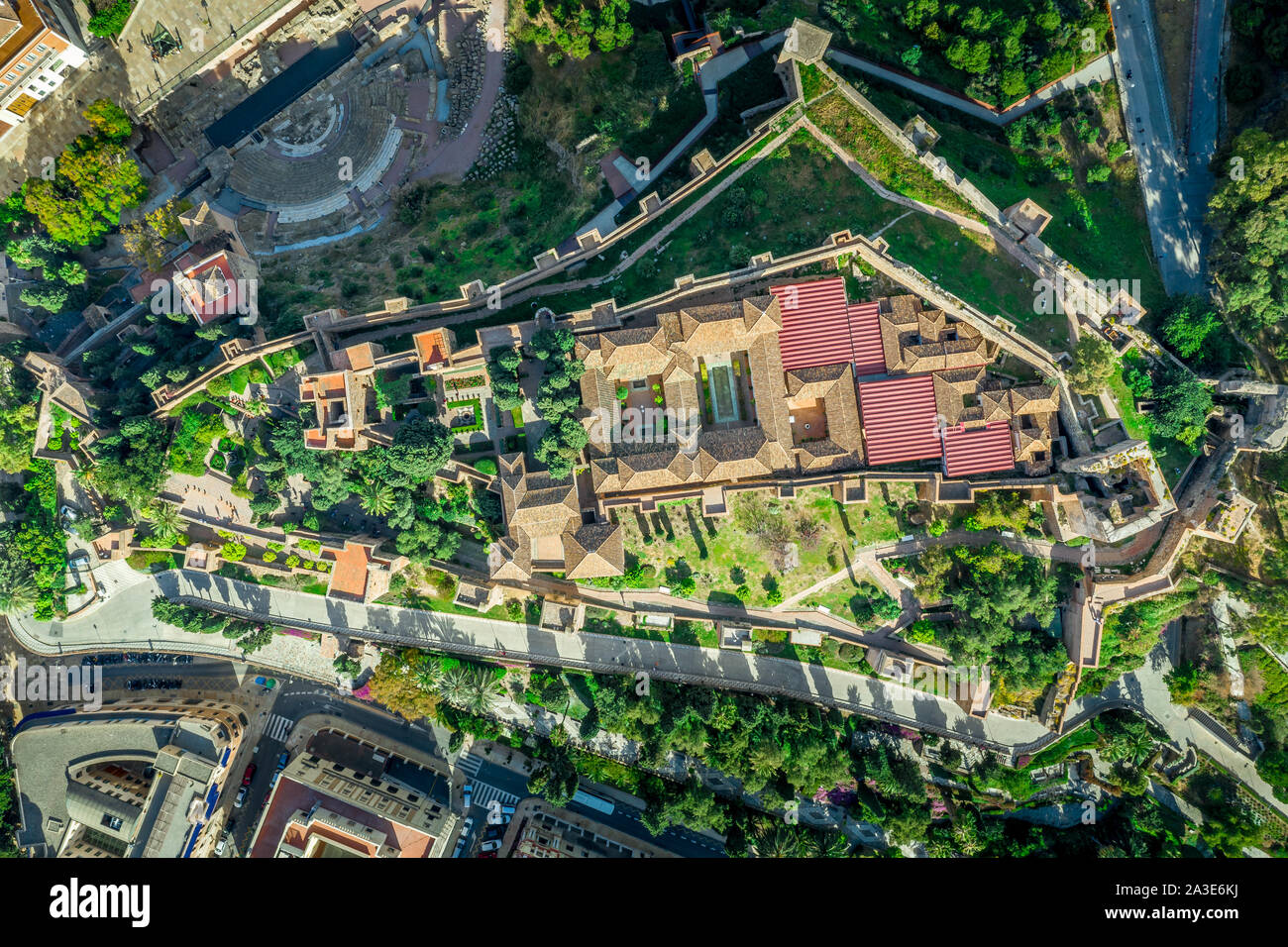 Aerial view of the Alcazaba in Malaga and the Castillo de Gibralfaro ...