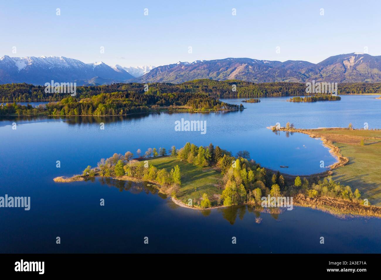 Lake Staffelsee with peninsula Lindenbichl, aerial view, foothills of ...