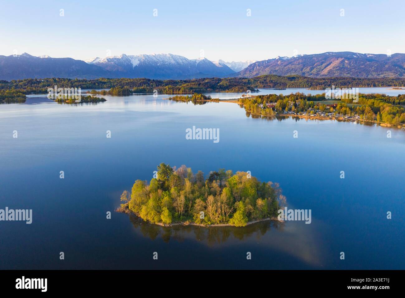 Lake staffelsee with island muhlworth and camping site aichalehof hi ...