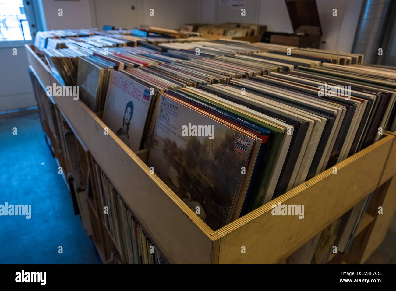 Copenhagen, Denmark - May 04, 2019: Front close-up of shelf with vinyl ...