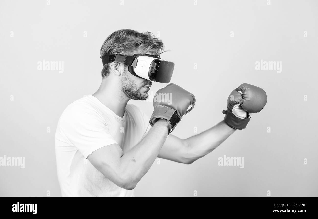 Augmented 3D world. Man boxer virtual reality headset simulation. Cyber ...