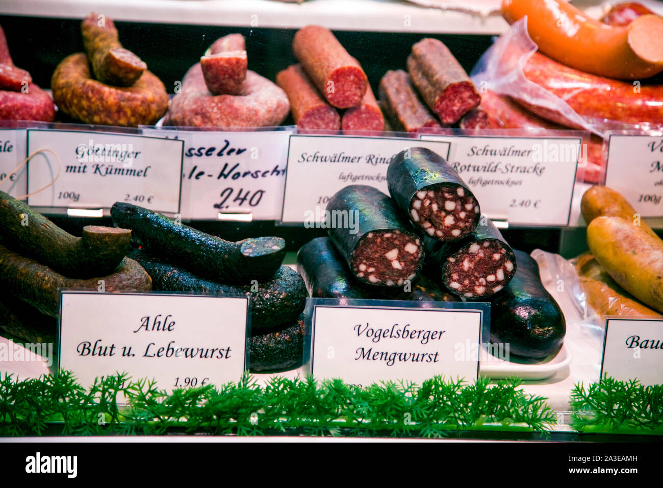 Various wursts on display at Kleinmarkthalle in Frankfurt-am-Main ...