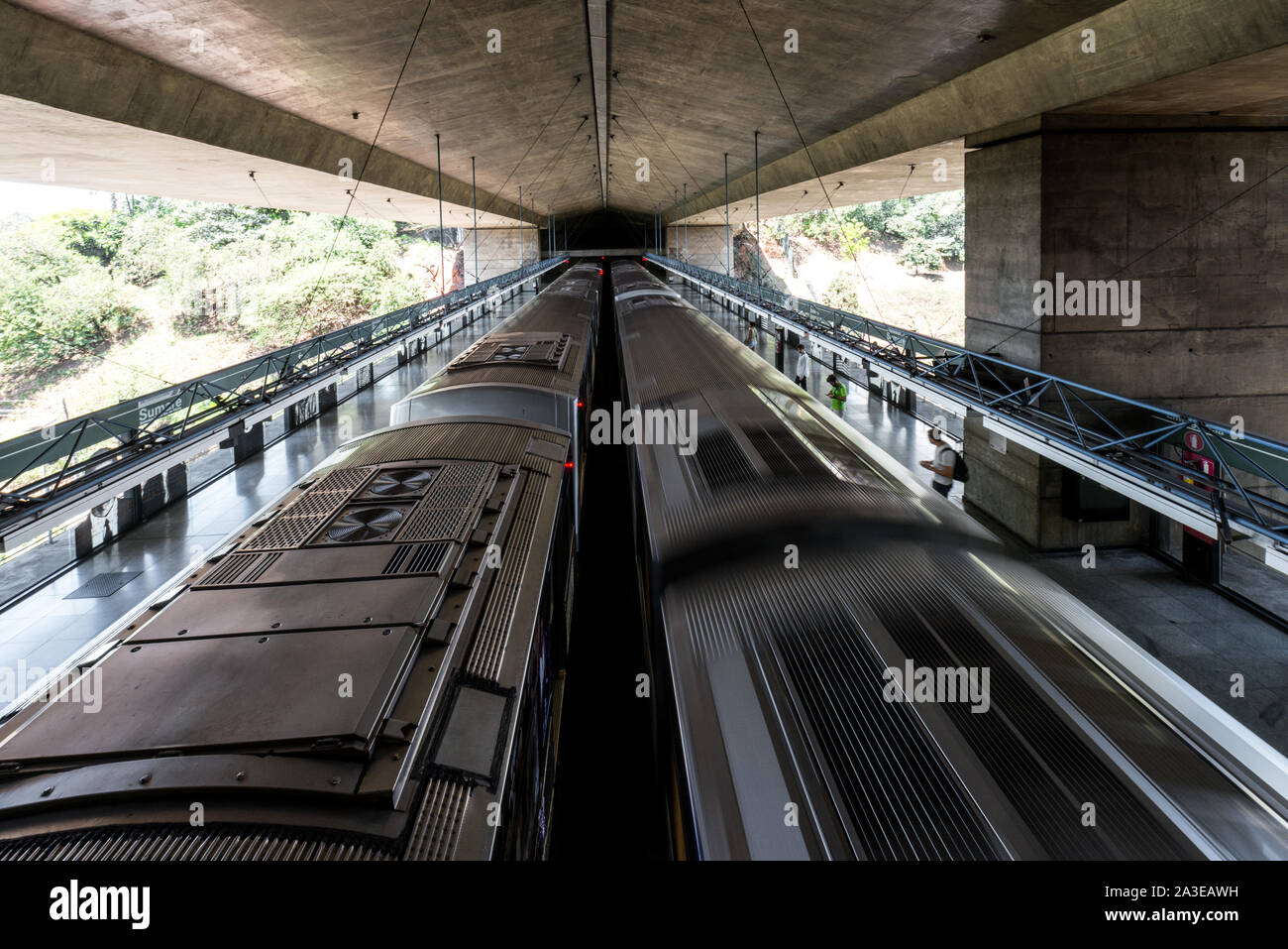 SAO PAULO, BRAZIL - 05, OCTOBER, 2019: Wide angle picture of two trains ...