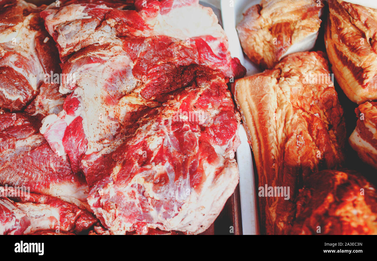 Raw meat close up. Store display. Butcher display.Beef Slice,Beef ...