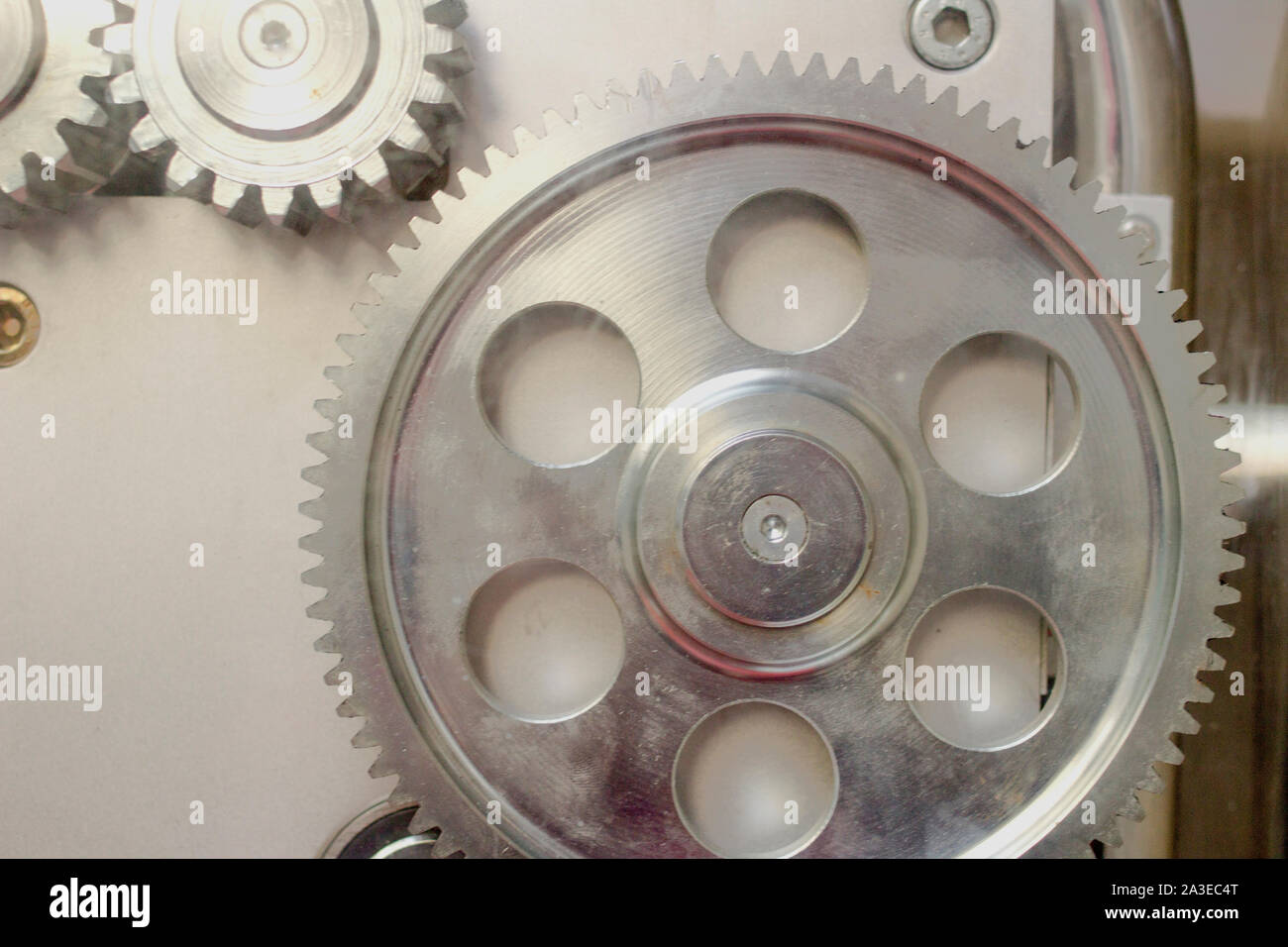 Parts of gear system , Close up of mechanical heavy steel metal wheel ...
