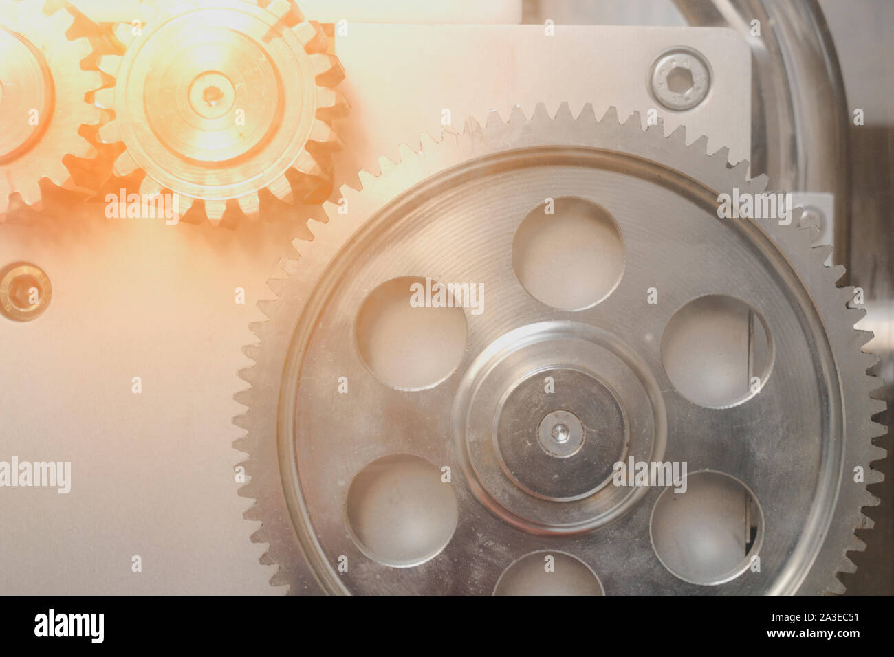 Parts of gear system , Close up of mechanical heavy steel metal wheel ...