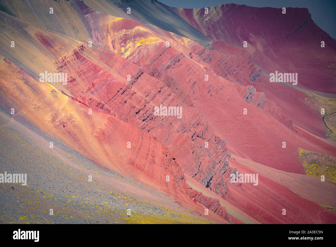 Colourful rock formations in the mineral-rich mountains of Red Valley ...