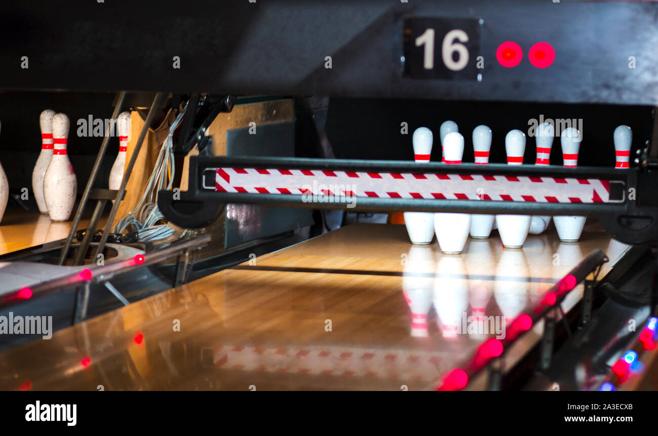 Close up of alley at bowling club. pin bowling alley background ...