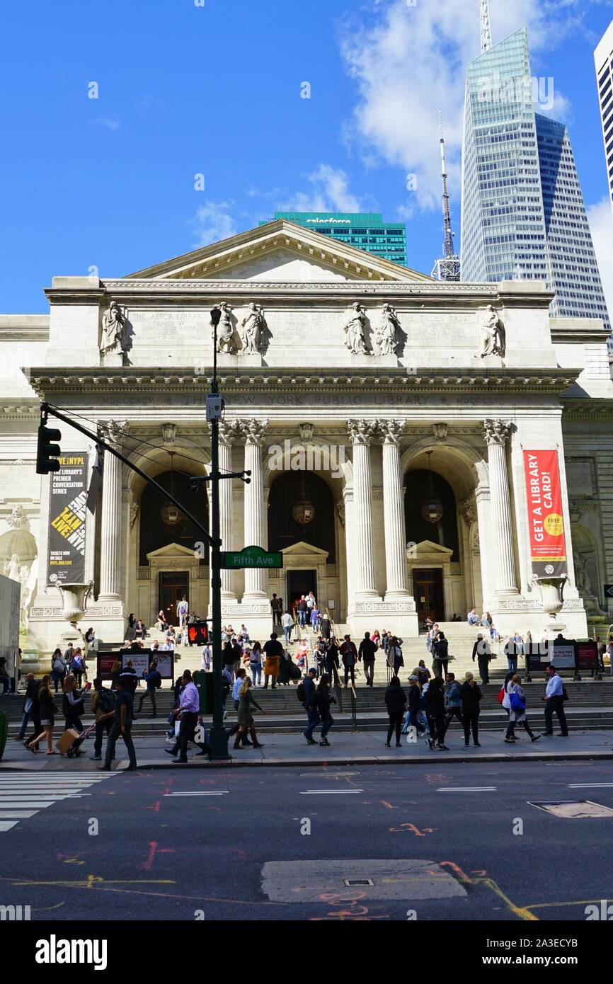 NEW YORK CITY, NY -4 OCT 2019- View of the landmark New York Public ...