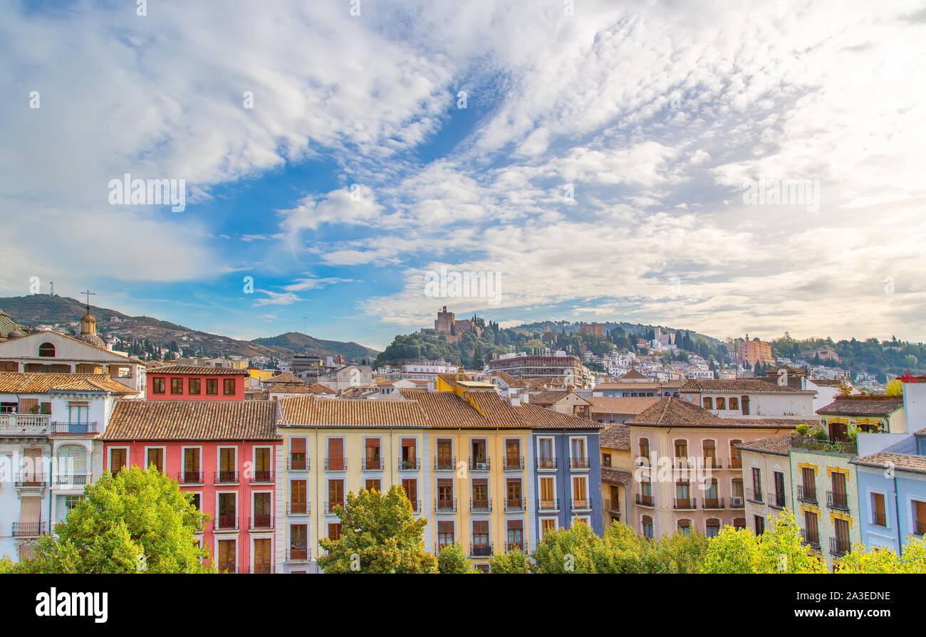 Aerial view of Granada historic city center close to Alhambra hill and ...